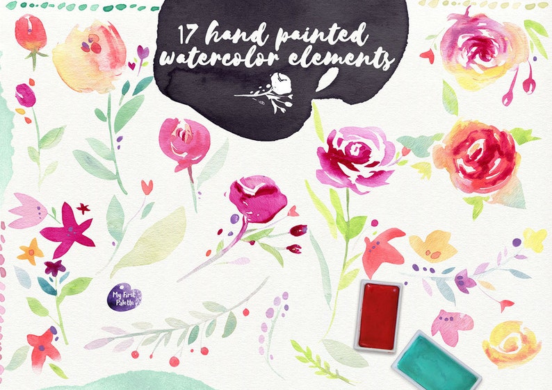 Watercolor Flowers Hand Painted Clipart - 17 Separate Elements + 8 Pre ...