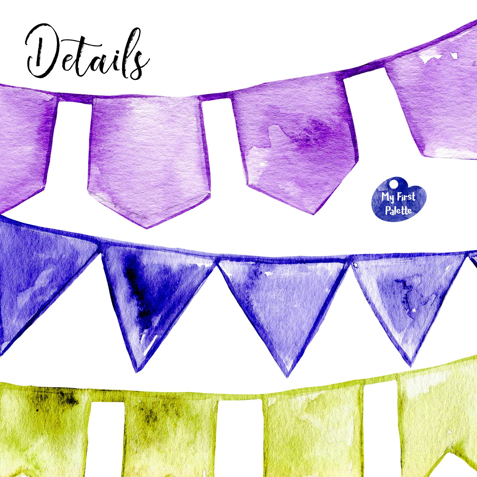 Watercolor Bunting Flags Clipart: 32 PNG Party Decorations (digital ...