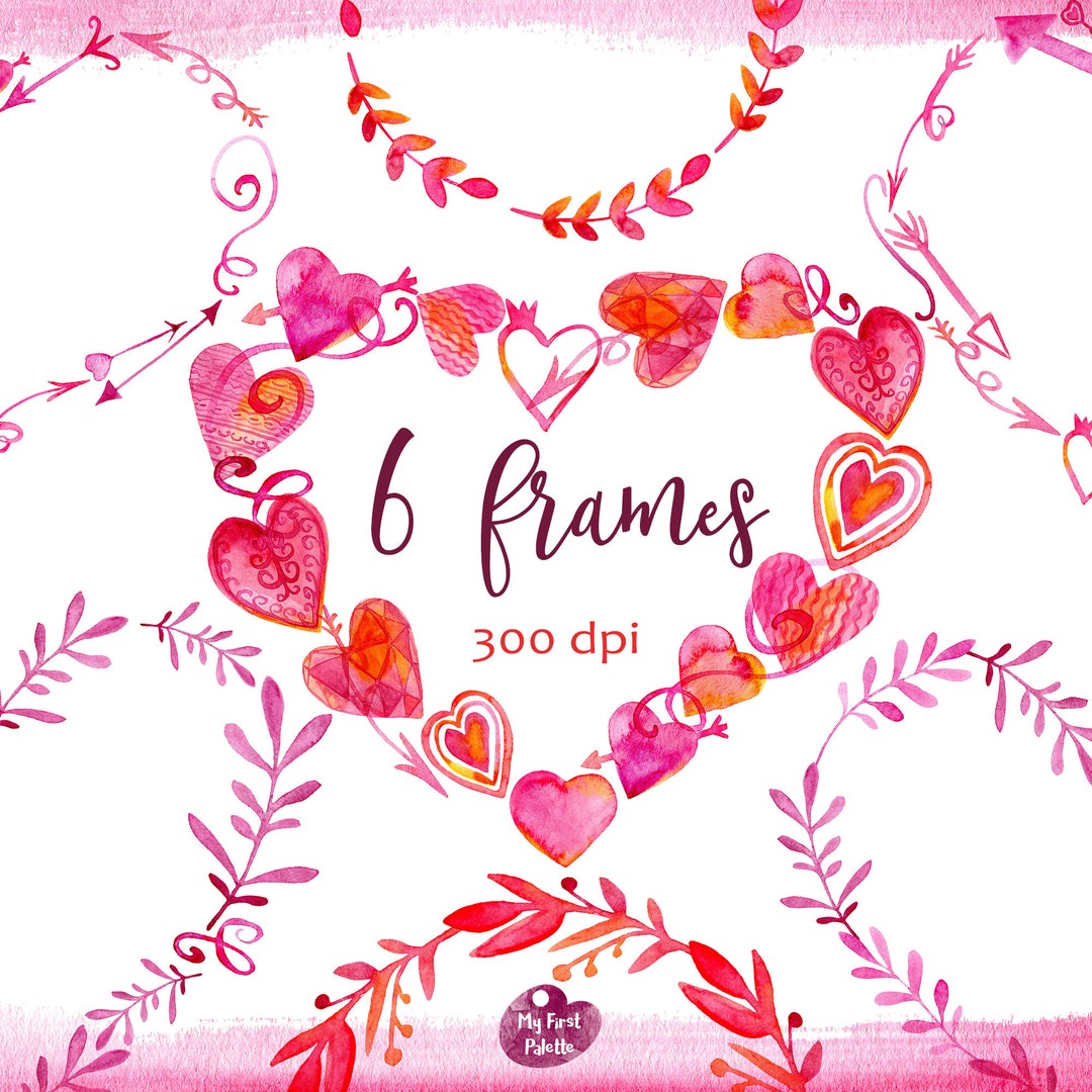 Watercolor Hearts Frames Clipart: Valentine's Day PNG (digital Download ...