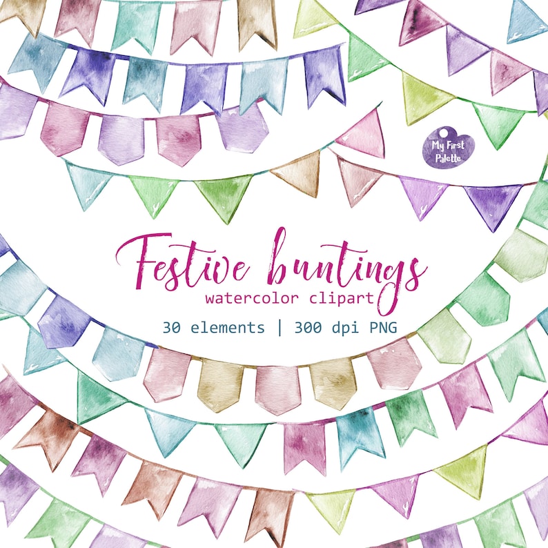 Watercolor Bunting Flags Clipart Birthday, Holiday, Party, Celebration ...