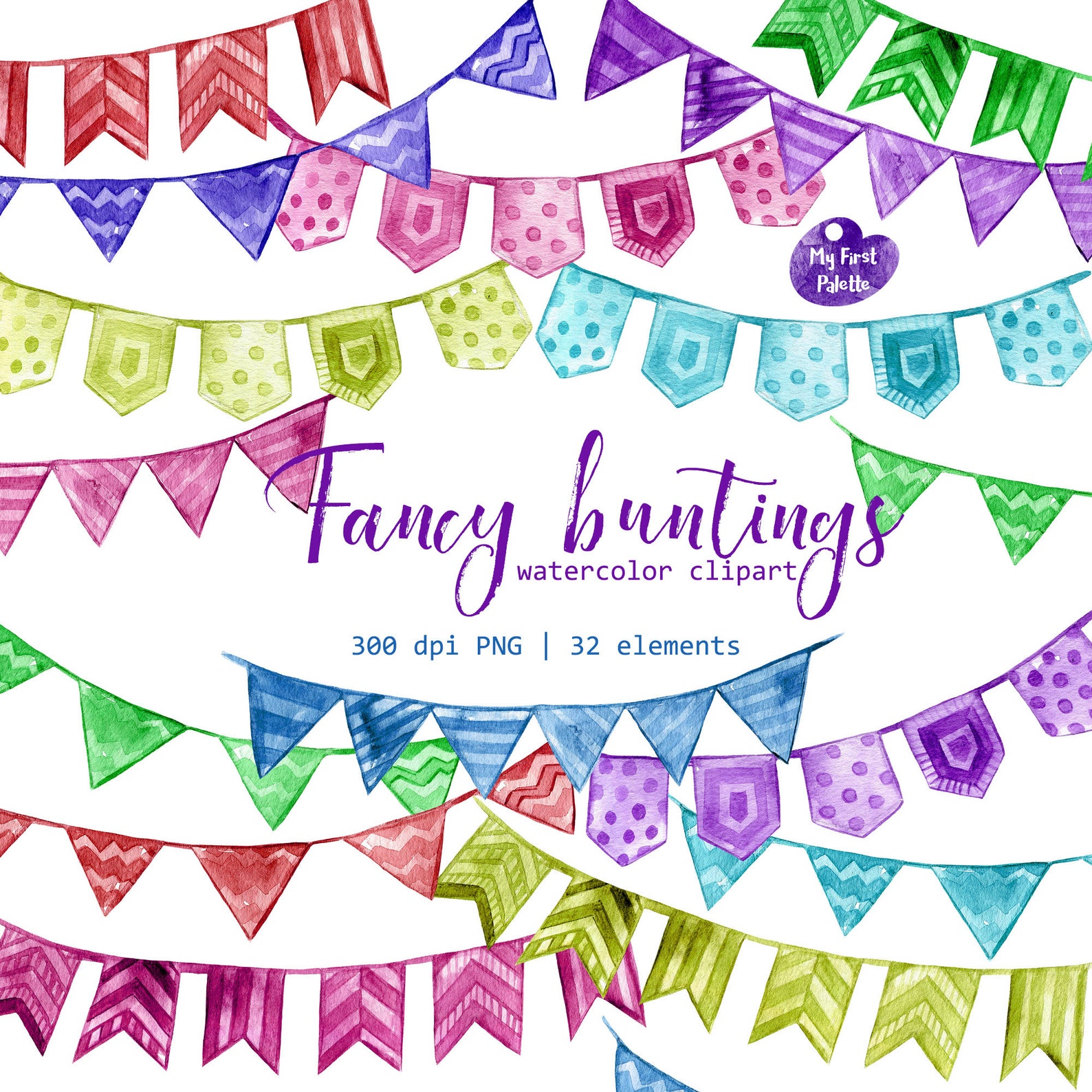 Watercolor Bunting Flags Clipart - Birthday, Holiday, Party ...