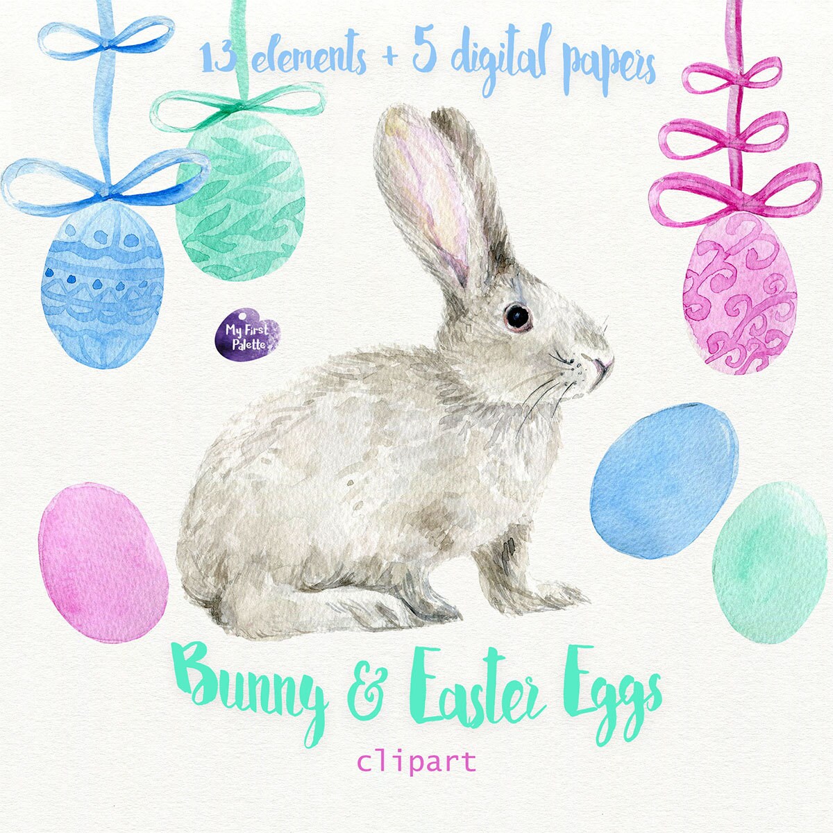 Watercolor Easter Bunny and Eggs Clipart 400 Dpi PNG, Holidays Clipart ...