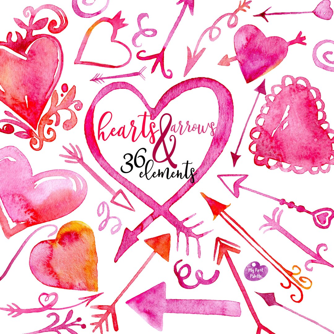 Watercolor Hearts and Arrows Clipart: Valentine's Day PNG (300 Dpi) - Etsy