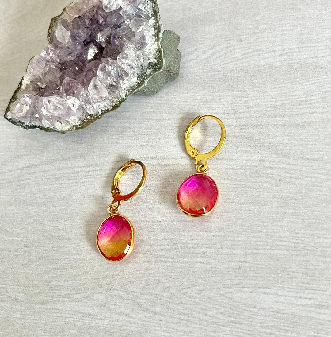 Aura Quartz Stud Earrings// Two Tone Gemstone Crystal Earrings// Pink ...