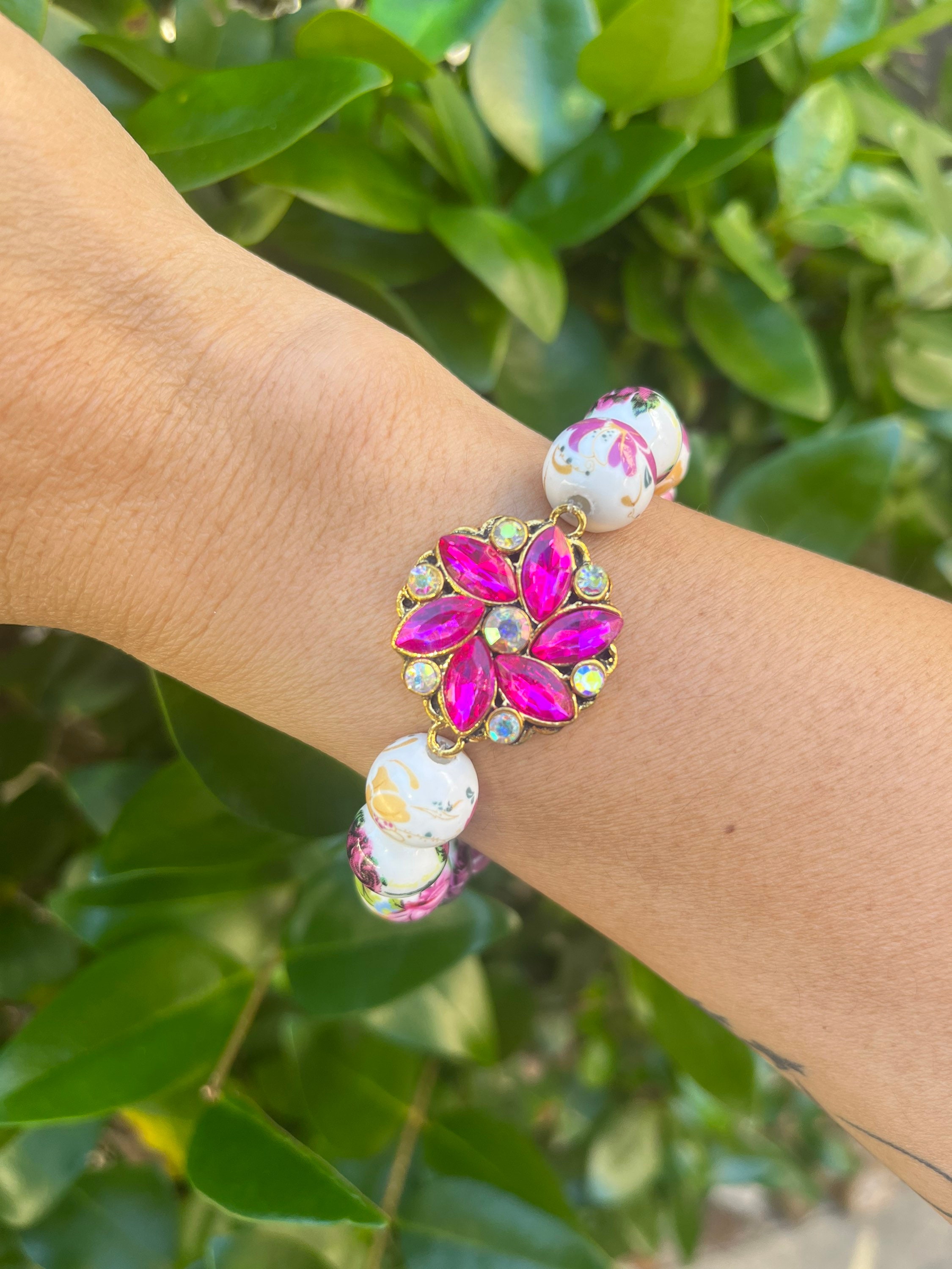 Rose Flower Bracelet// Pink Rose Flower Rhinestones Bracelet// - Etsy