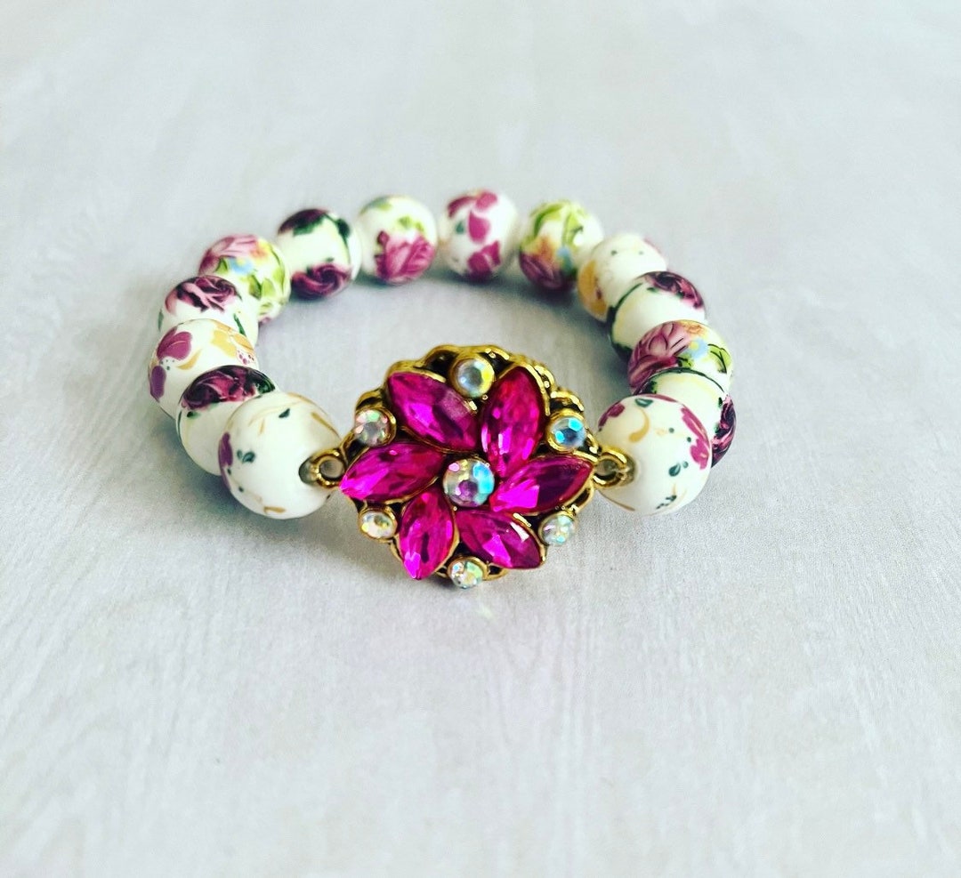 Rose Flower Bracelet// Pink Rose Flower Rhinestones Bracelet// Vintage ...