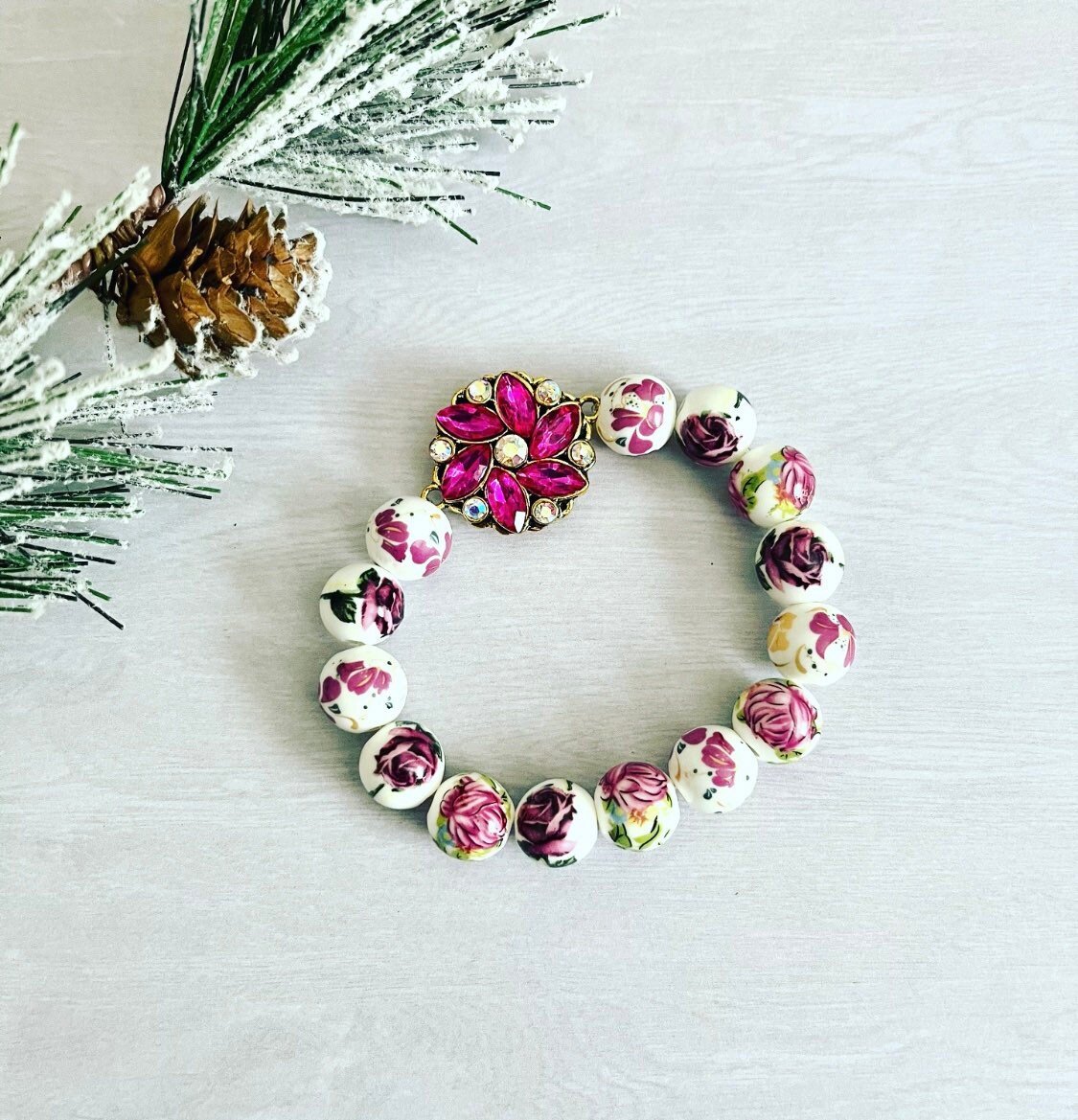 Rose Flower Bracelet// Pink Rose Flower Rhinestones Bracelet// - Etsy