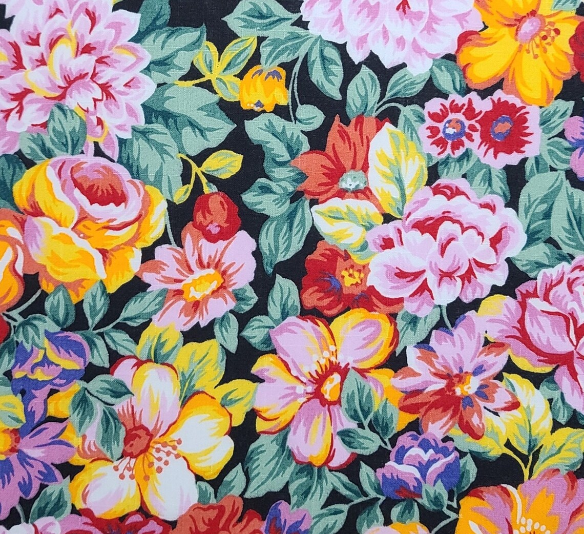 Wamsutta OTC - Black Fabric / Large Flower Print - Red, Pink, Yellow ...