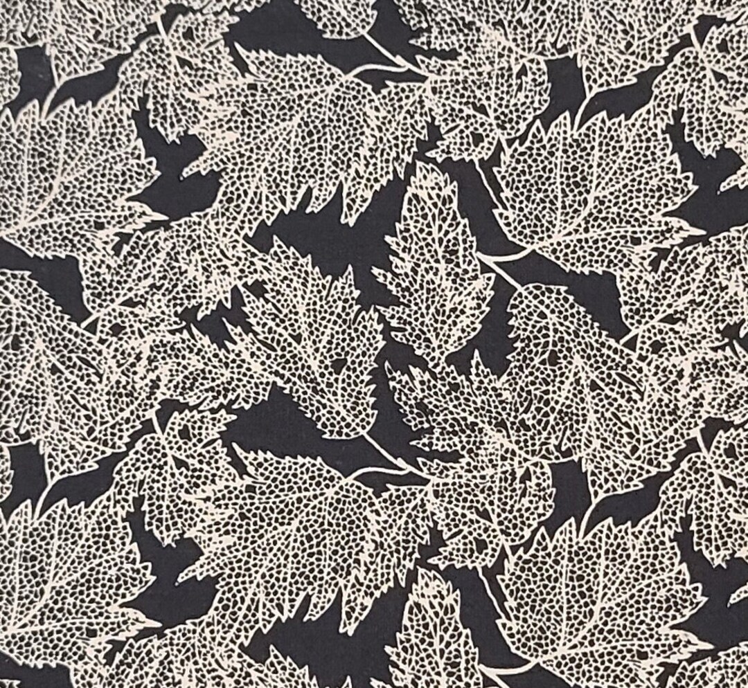 Black Fabric / Cream Lacey Leaf Print Fabric - Selvage to Selvage Print ...