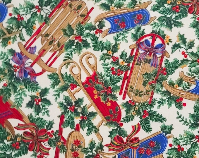 VIP Cranston Print Works - Cream Fabric / Red, Blue, Tan Wooden Sled and Holly Print - Etsy