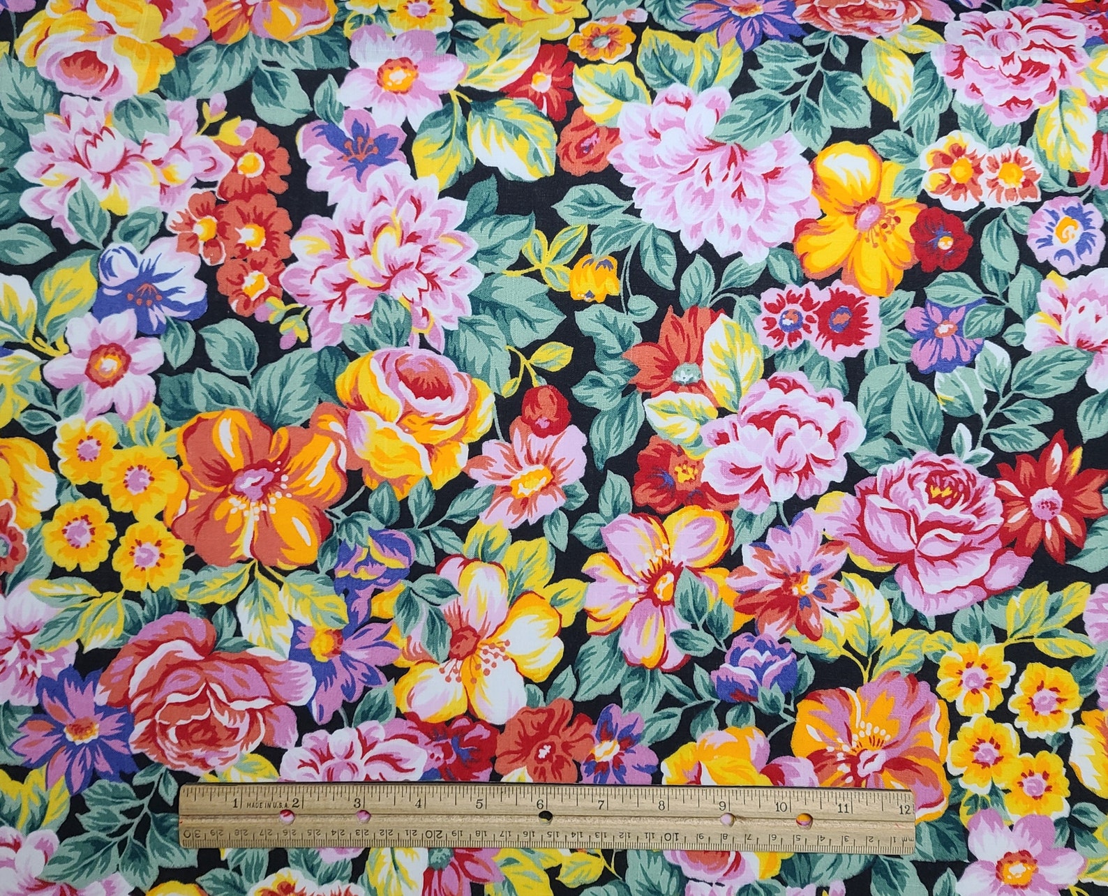 Wamsutta OTC - Black Fabric / Large Flower Print - Red, Pink, Yellow ...