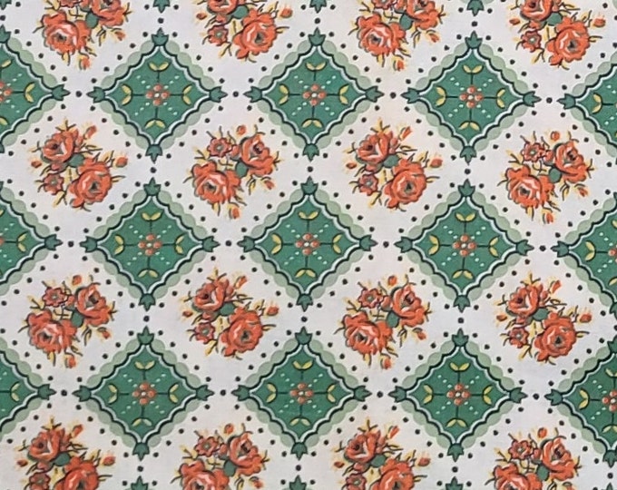 Vintage 35" Wide Fabric - Soft White and Green Diamond Fabric / Orange ...