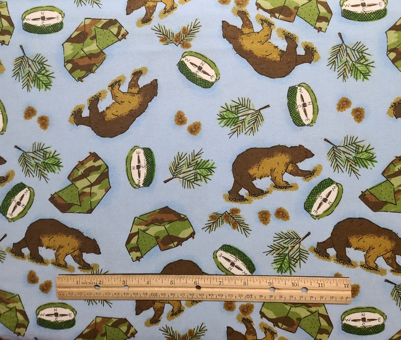 FLANNEL - Light Blue Tonal Fabric / Brown Bear, Compass, Tent Print ...