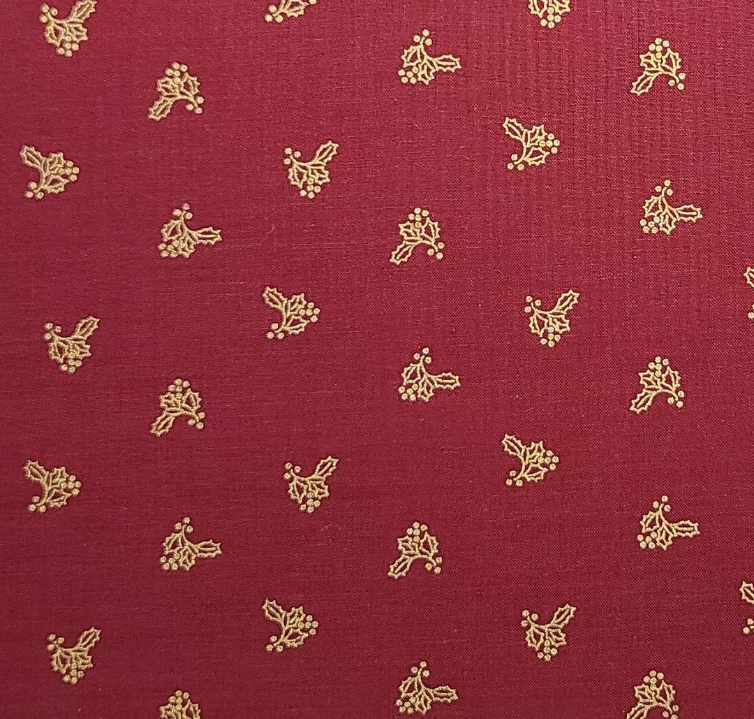 Joann Fabrics - Cranberry Colored Fabric / Gold Metallic Holly Print - Etsy