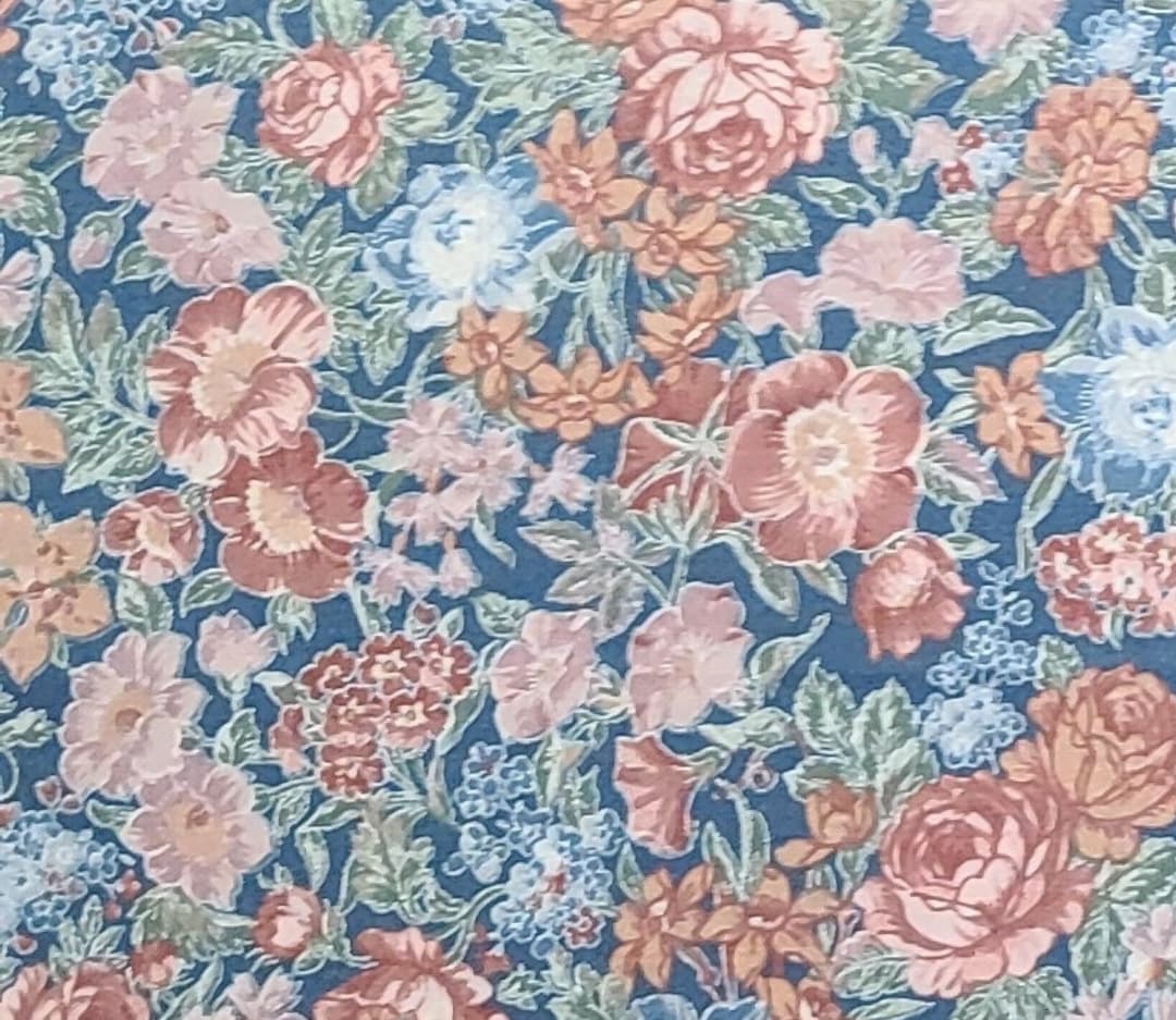 Dark Colonial Blue Fabric / White, Tan, Pink and Dusty Rose Floral ...