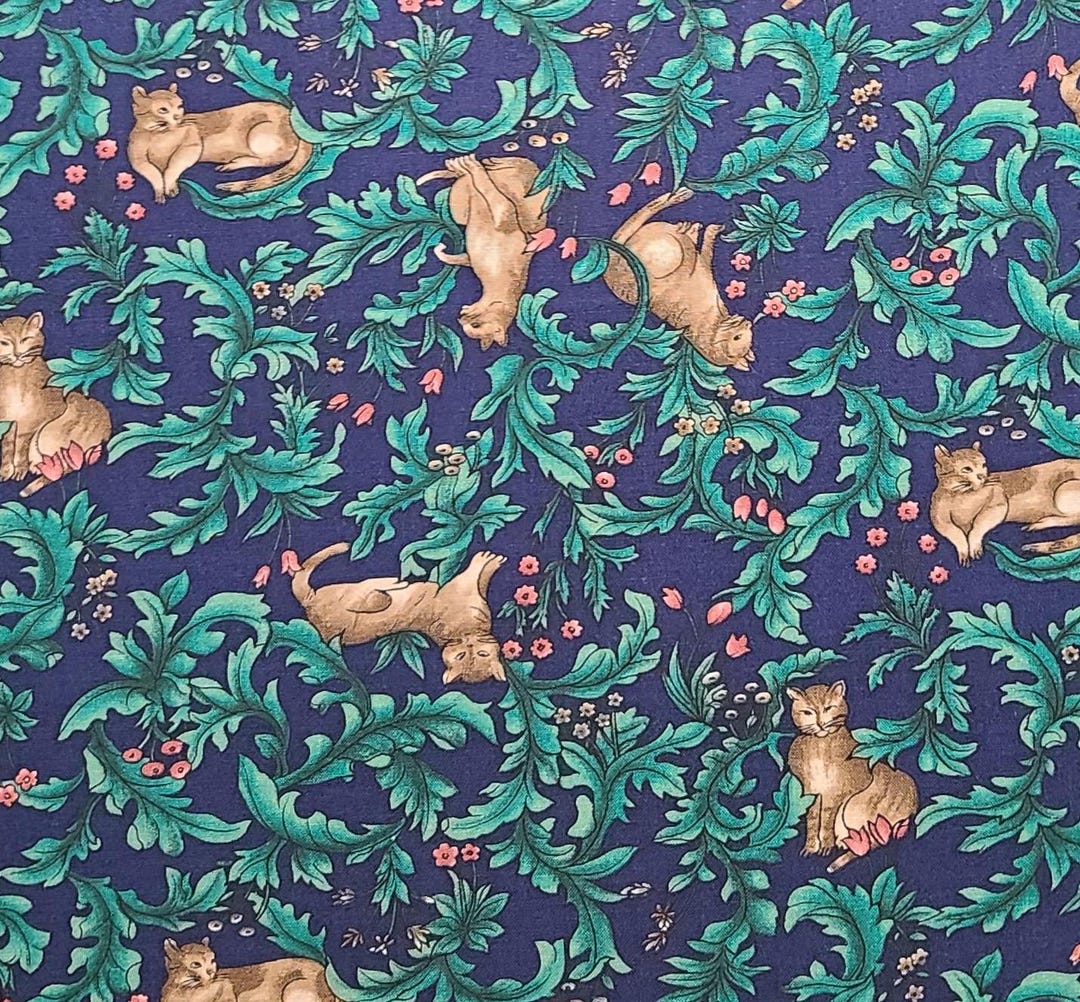 Camelot by HCA Fabrics - Navy Fabric / Cat, Leaf, Berry Print - Etsy