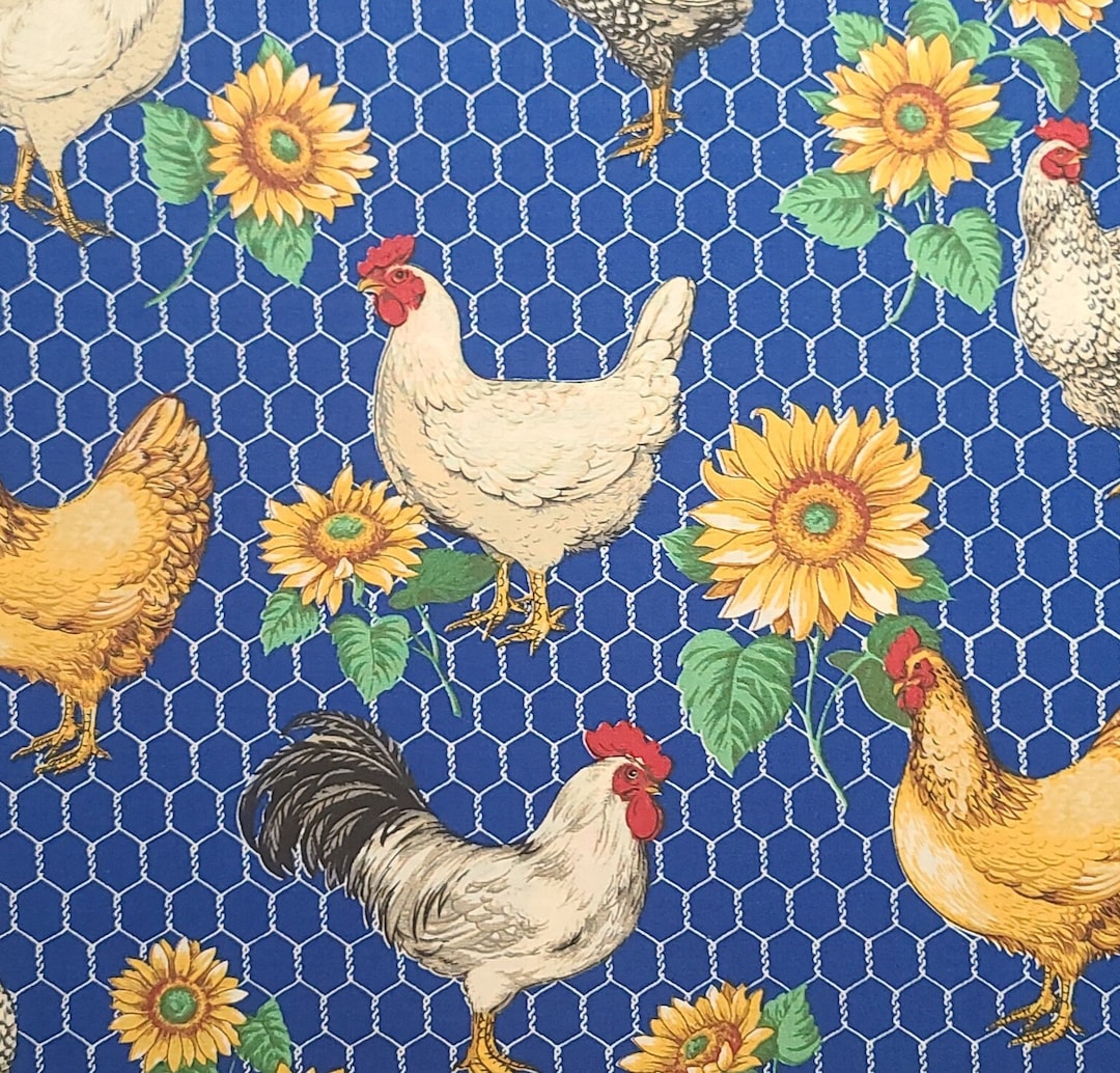 Blue Fabric / Chickens and Chicken Wire Print / Sunflowers - Selvage to ...