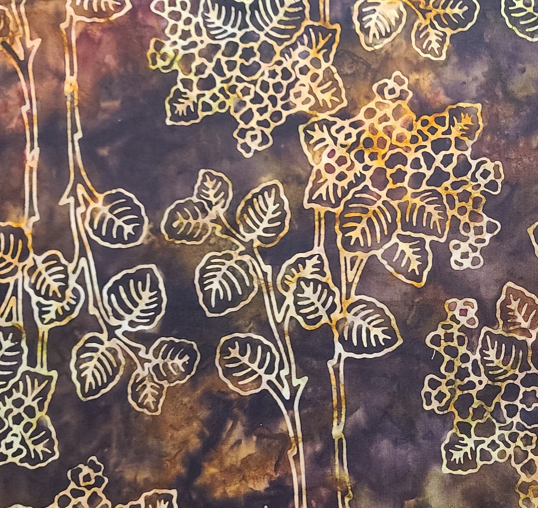 BATIK Dark Brown, Tan Fabric / Light Brown Leaf, Branch and Flower Tjap ...