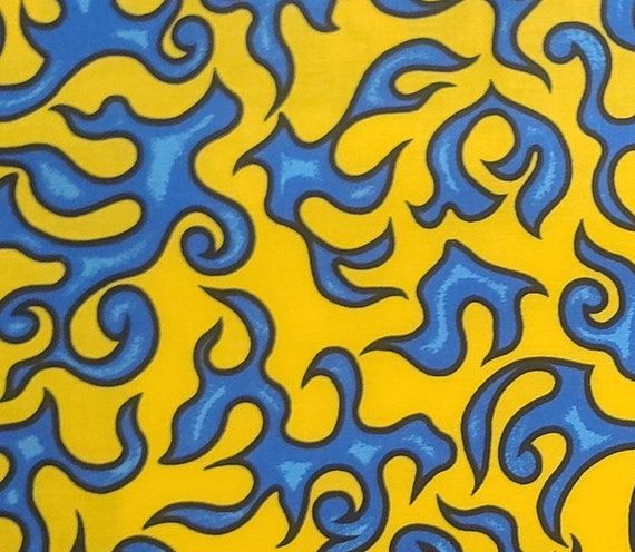 Yellow Fabric / Blue flame Pattern Selvage to - Etsy