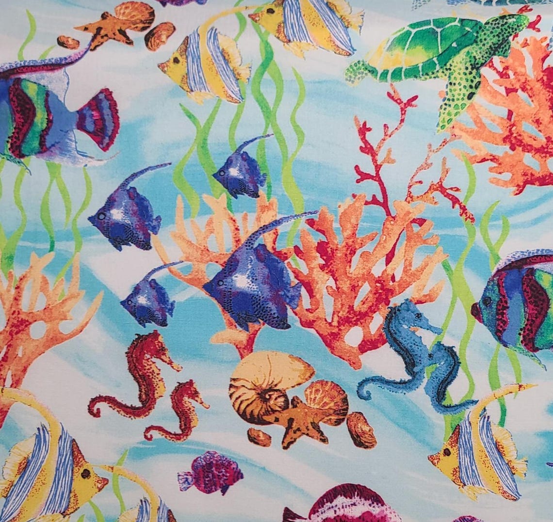 Joann Fabrics - Blue and White Tonal Fabric / Brightly Colored Undersea ...