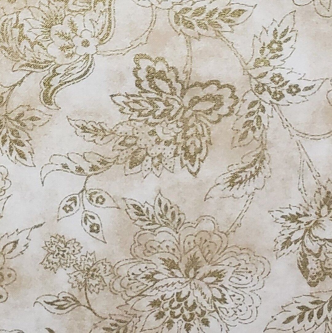 Mottled Tan Fabric With Larger Metallic Gold Flower Pattern - Selvage ...