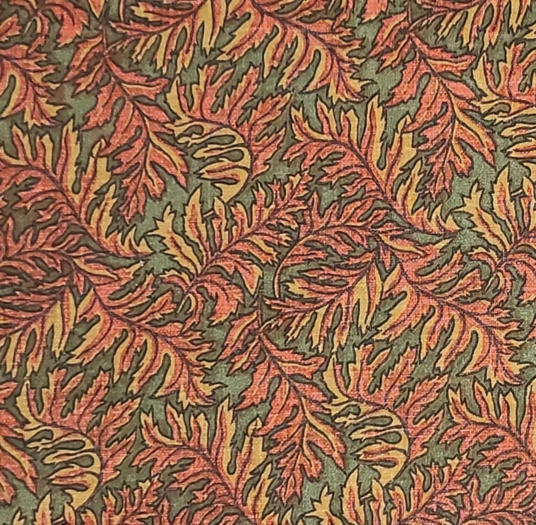 EOB Green Fabric / Orange and Yellow Leaf Print Selvage to Selvage ...