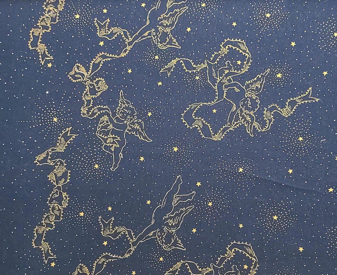 Navy Border Fabric / Gold Metallic Angels (21") / Gold Metallic Stars ...