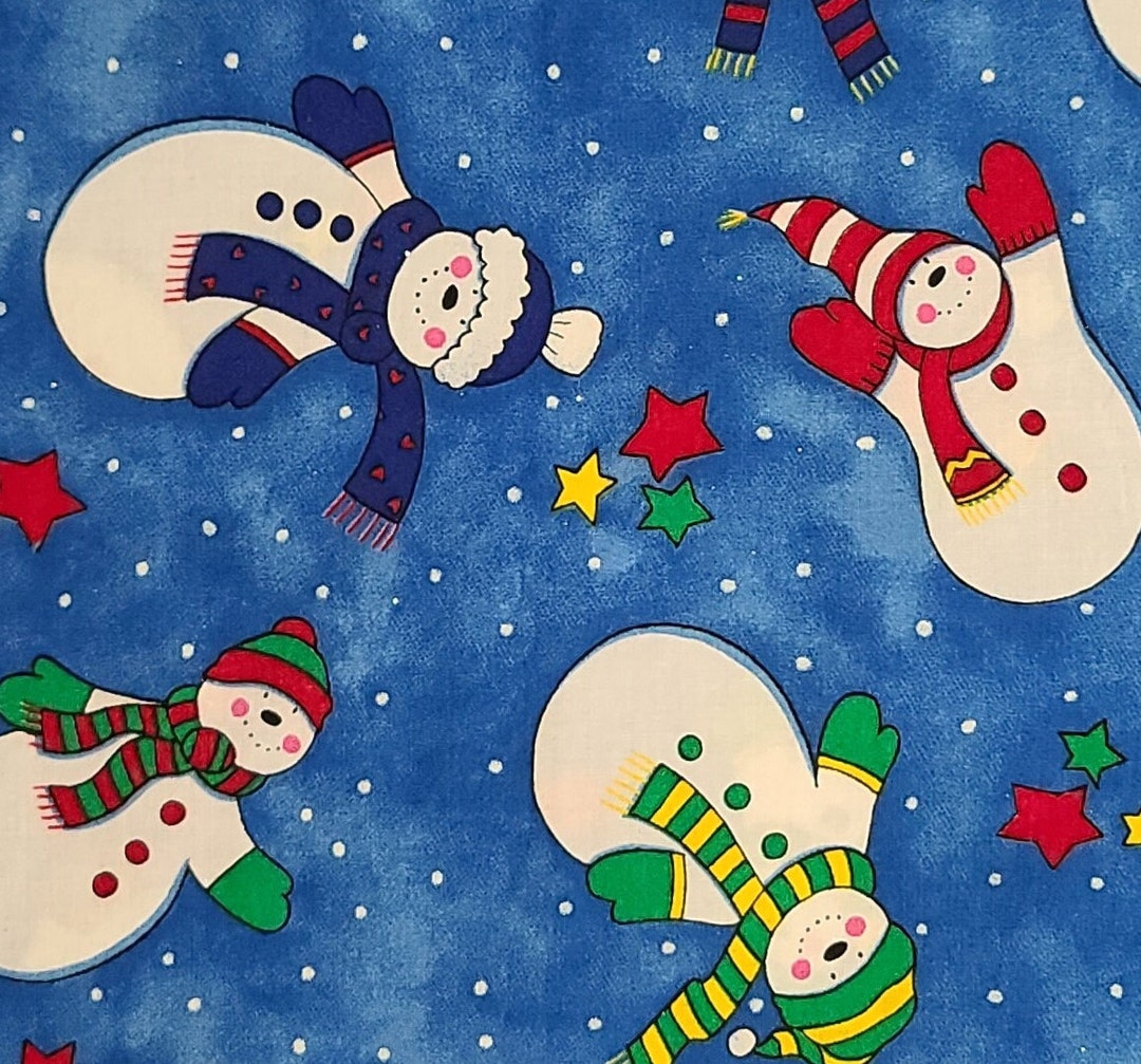 Fabric Traditions 1999 - Medium Blue and White Tonal Fabric / Snowman ...