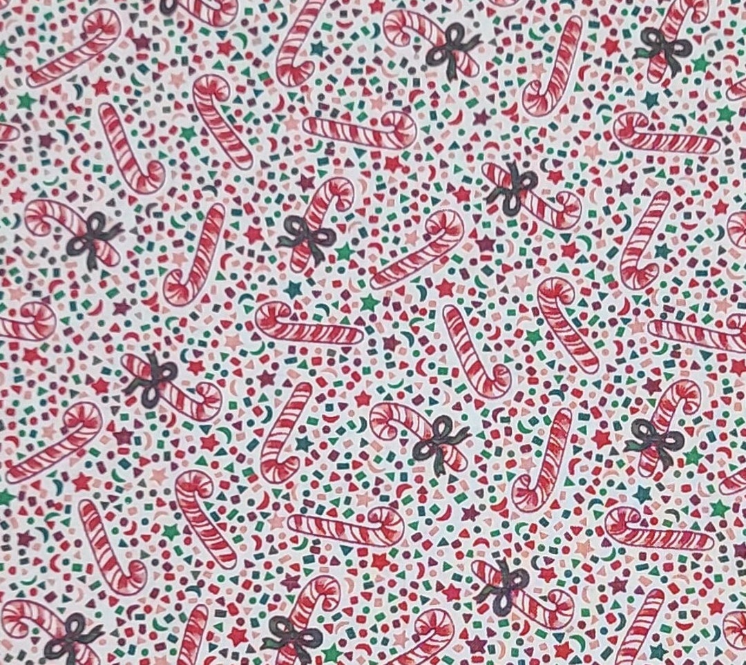 White Fabric / Red, Pink and Green Confetti and Tossed Candy Cane Print ...