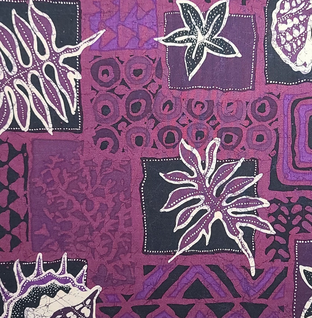 Batik-style Raspberry, Plum, Black, White Seashell and Leaf Print ...