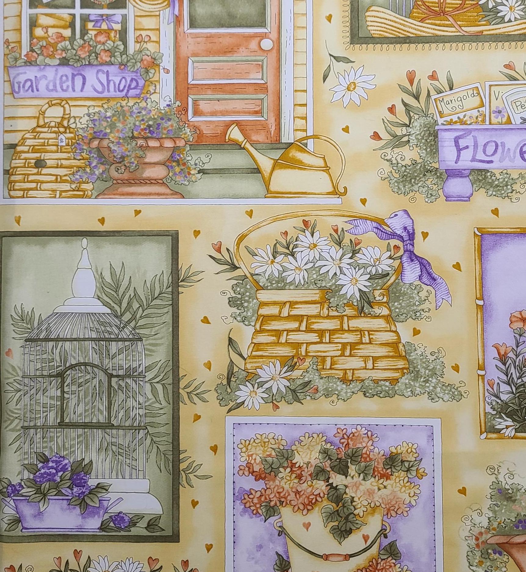 PANEL Garden Shop by Diane Knott for Clothworks Pale Gold Fabric ...