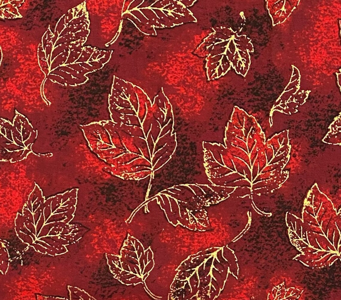 Dark Red Tonal Fabric / Metallic Gold Leaf Print - Etsy