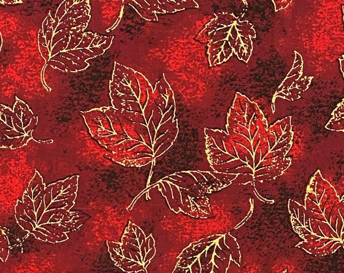 Dark Red Tonal Fabric / Metallic Gold Leaf Print - Etsy