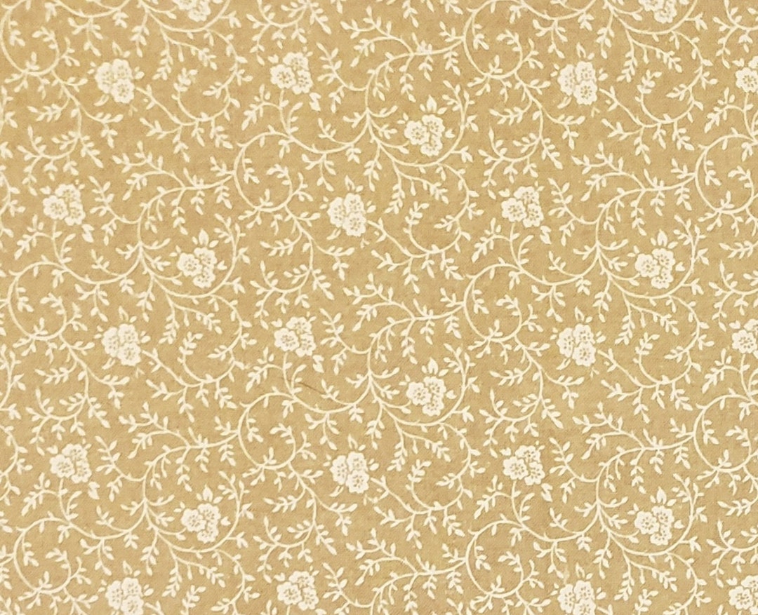 Tan Fabric With Small White Flowers and Vines - Selvage to Selvage ...