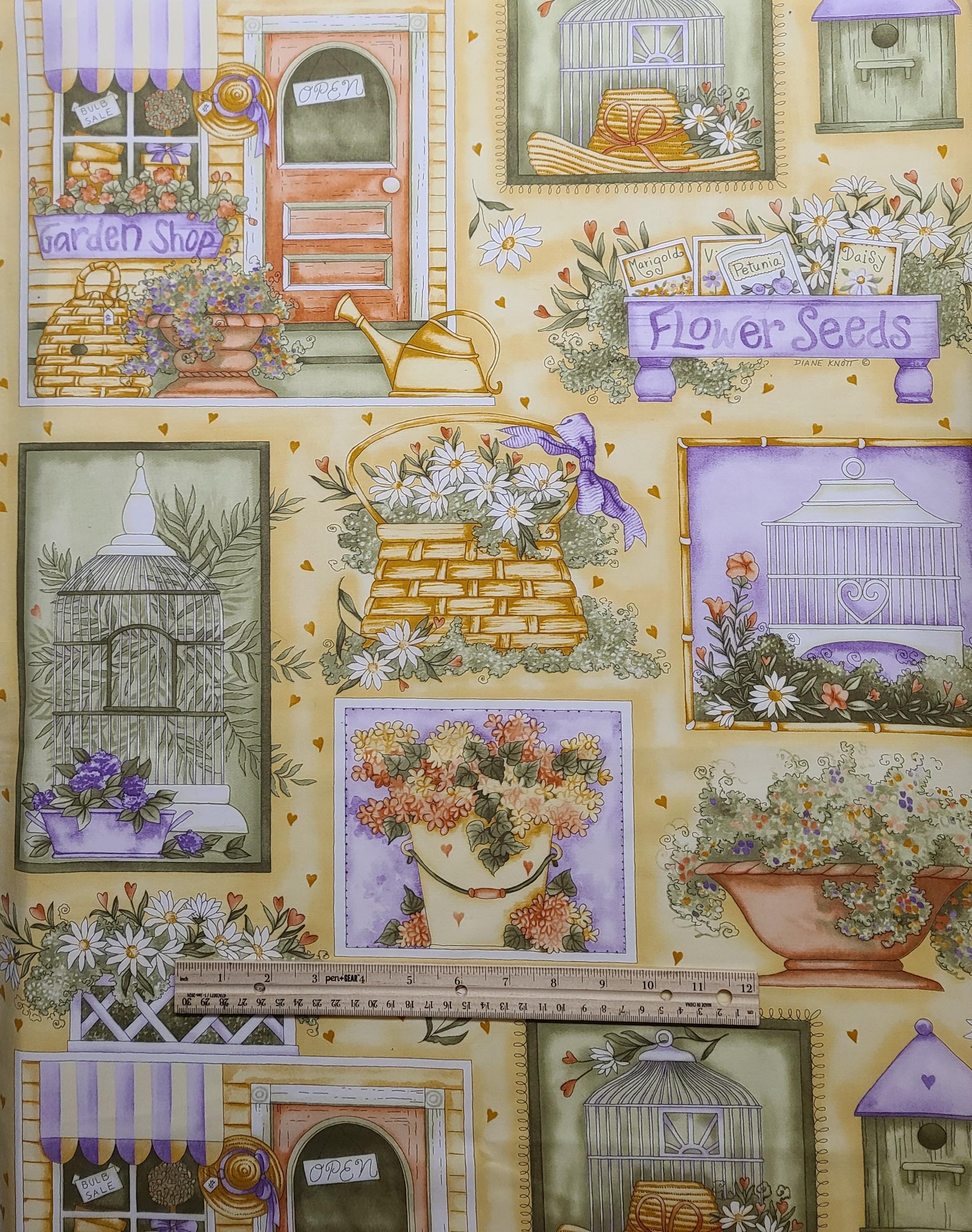 PANEL Garden Shop by Diane Knott for Clothworks Pale Gold Fabric ...