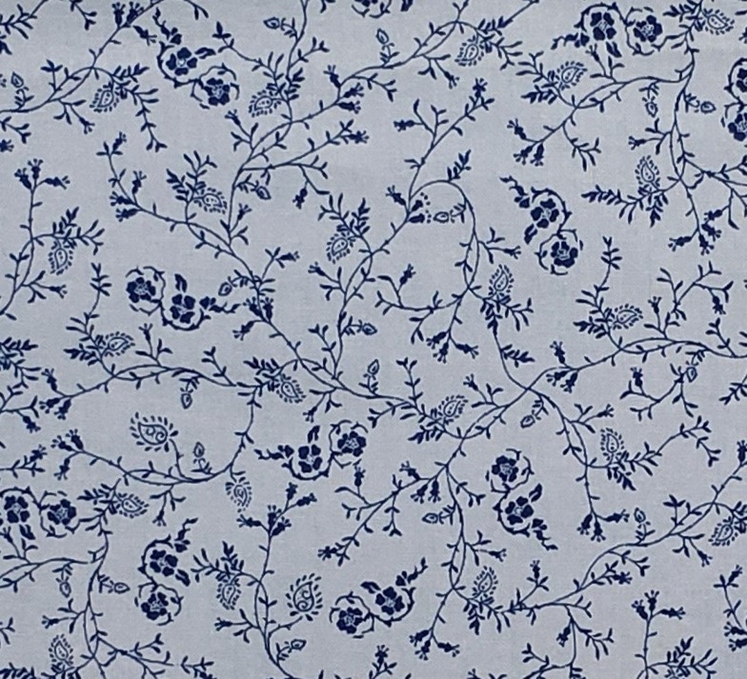 Light Blue Fabric / Dark Blue Flower and Vine Print - Selvage to ...