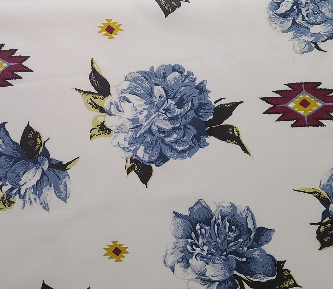 58" WIDE White Fabric / Slate Blue Flower / Purple, Gold Symbol ...