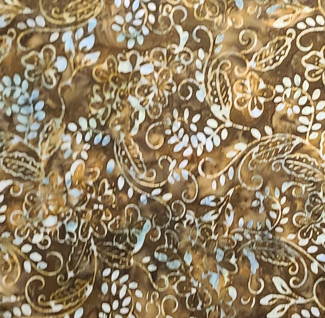 BATIK - Antique Gold, Golden Brown Fabric / White and Aqua Flower Vine ...
