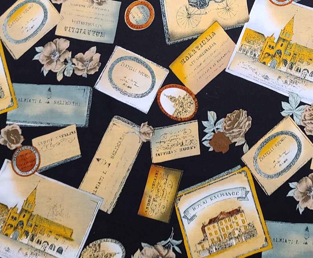 Cheryl Roy Collection for SSI - Black Fabric / Vintage Label Print - Etsy