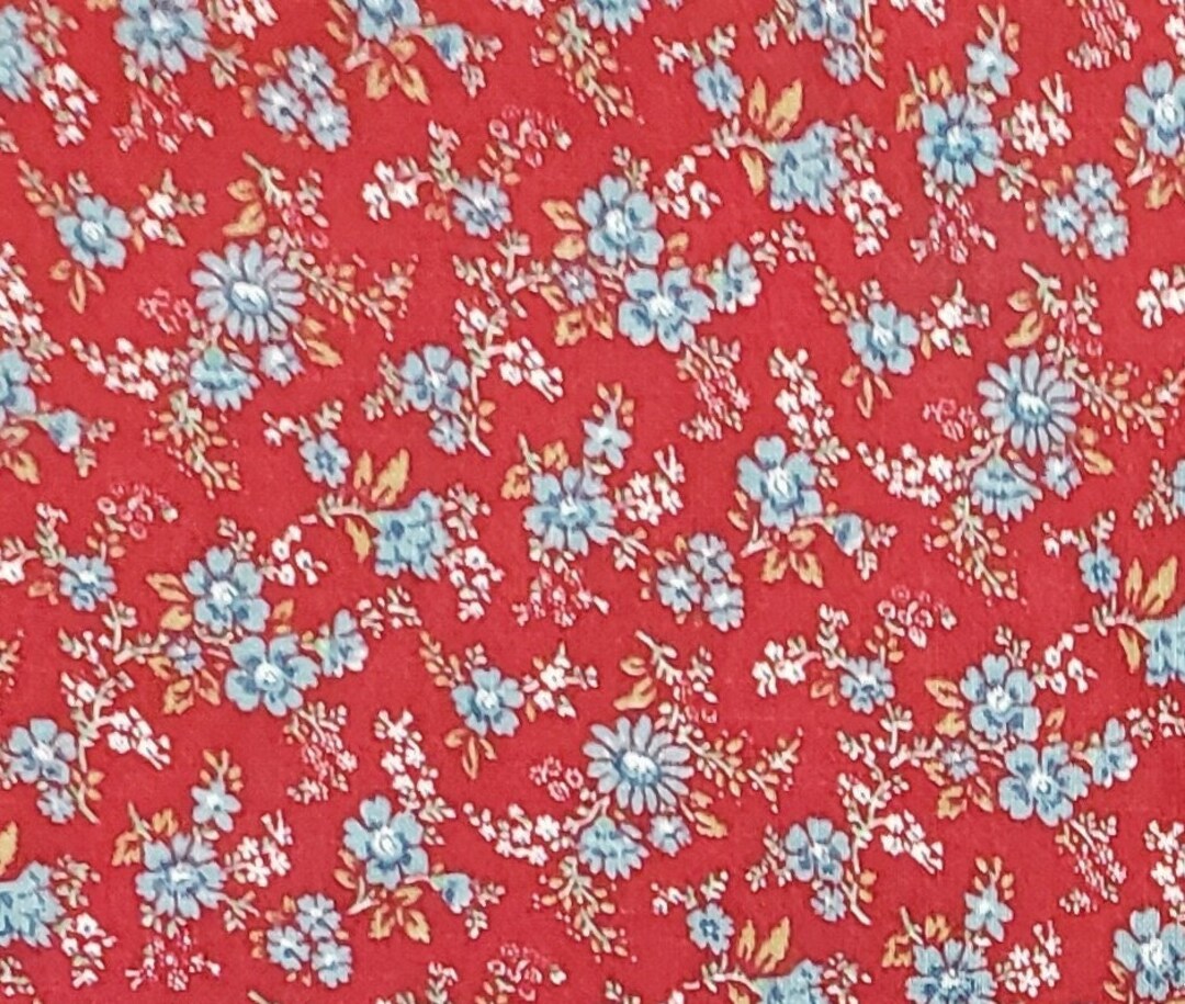 Peter Pan Fabrics - Dark Red Fabric / Blue Flower Pattern - Etsy