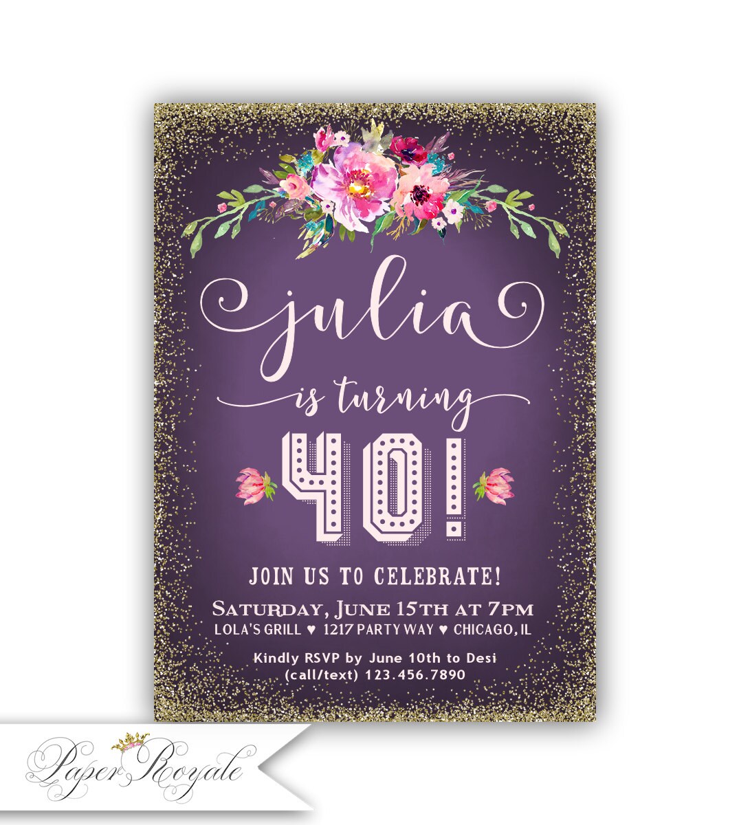 Paper & Party Supplies Invitations Paper Purple and Gold Glitter ...