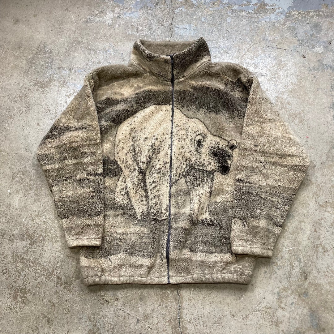 Vintage Polar Bears Beige Black Mountain Deep Pile Zip Fleece Jacket Sz ...