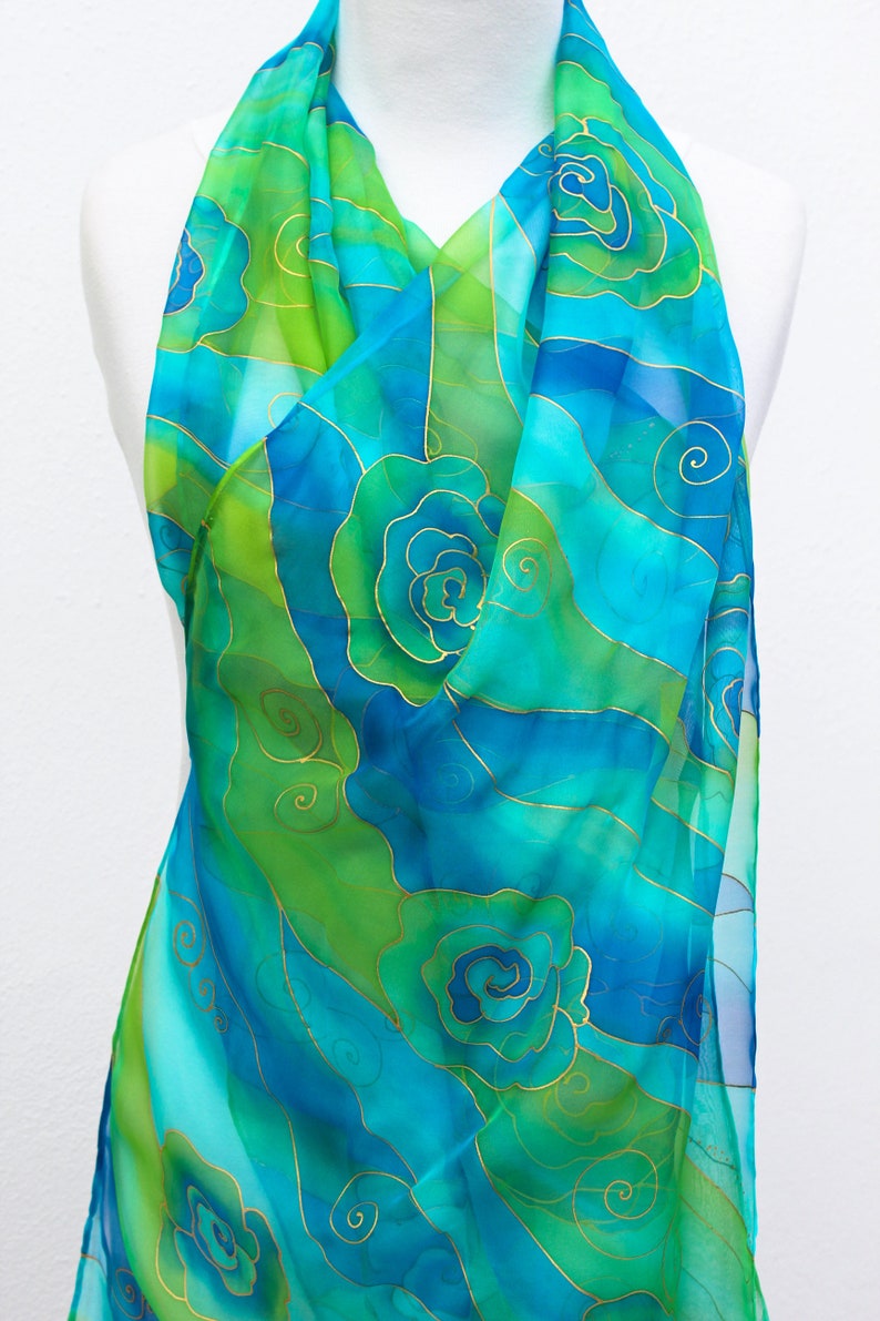 Long Blue Ocean Chiffon Silk Scarf Handpainted Sheer Azure | Etsy