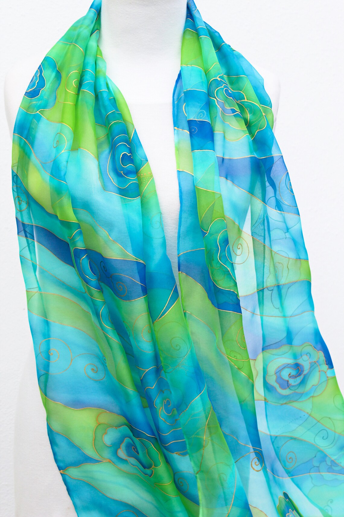 Long Blue Ocean Chiffon Silk Scarf Handpainted Sheer Azure | Etsy