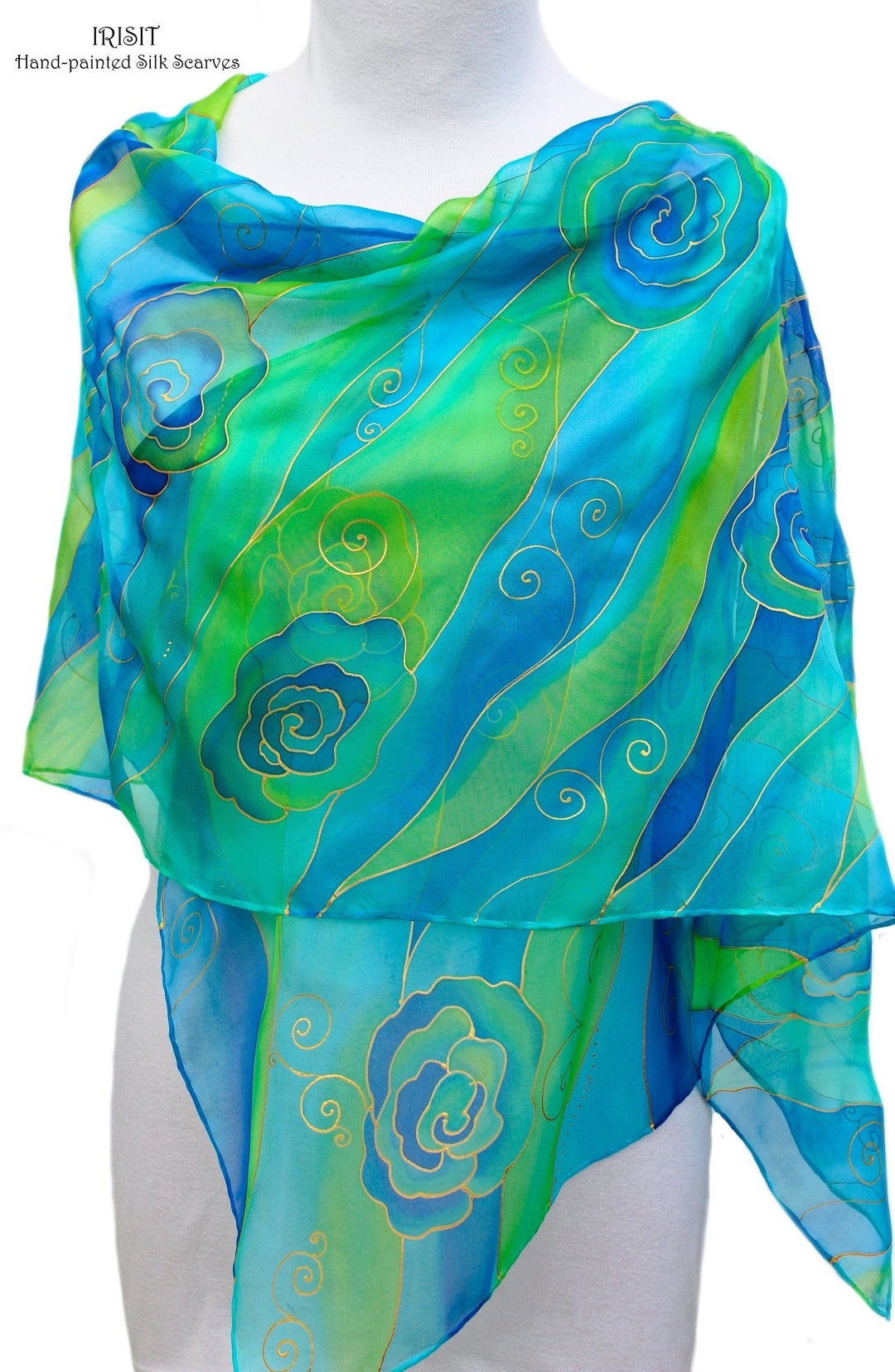 Long Blue Ocean Chiffon Silk Scarf - Handpainted Sheer Azure Lime Green ...