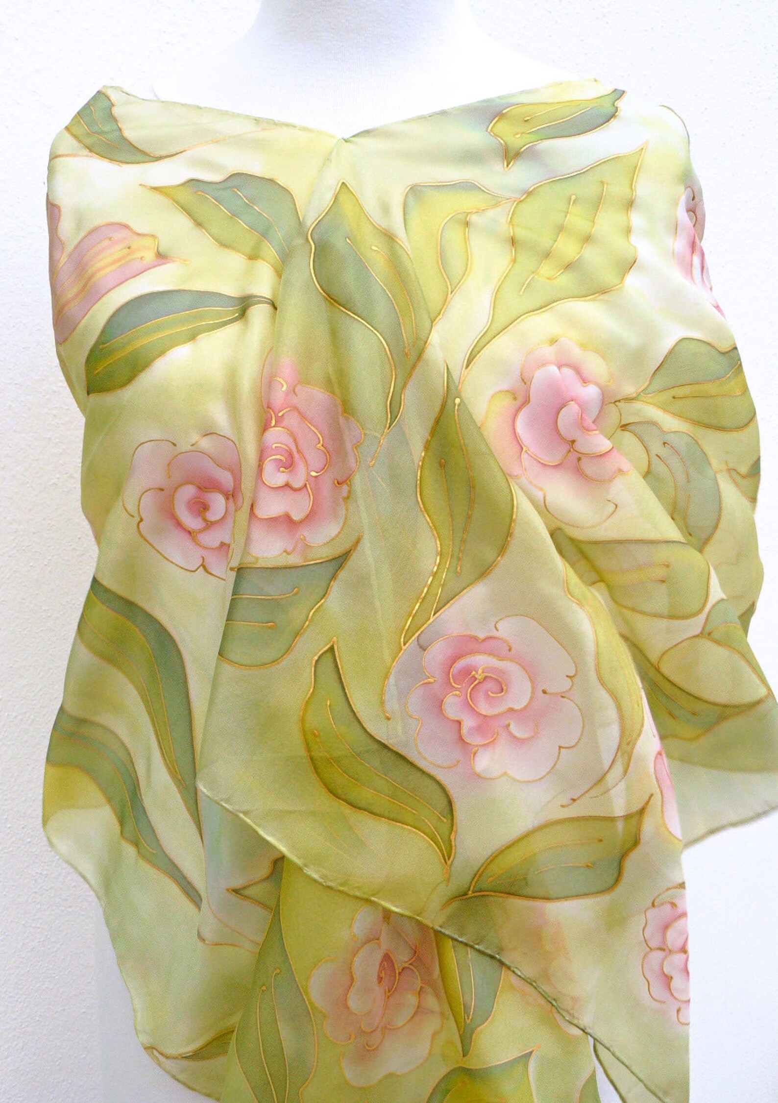 Long Floral Silk Scarf Hand Painted Green Light Pink Gold Silk Wrap ...