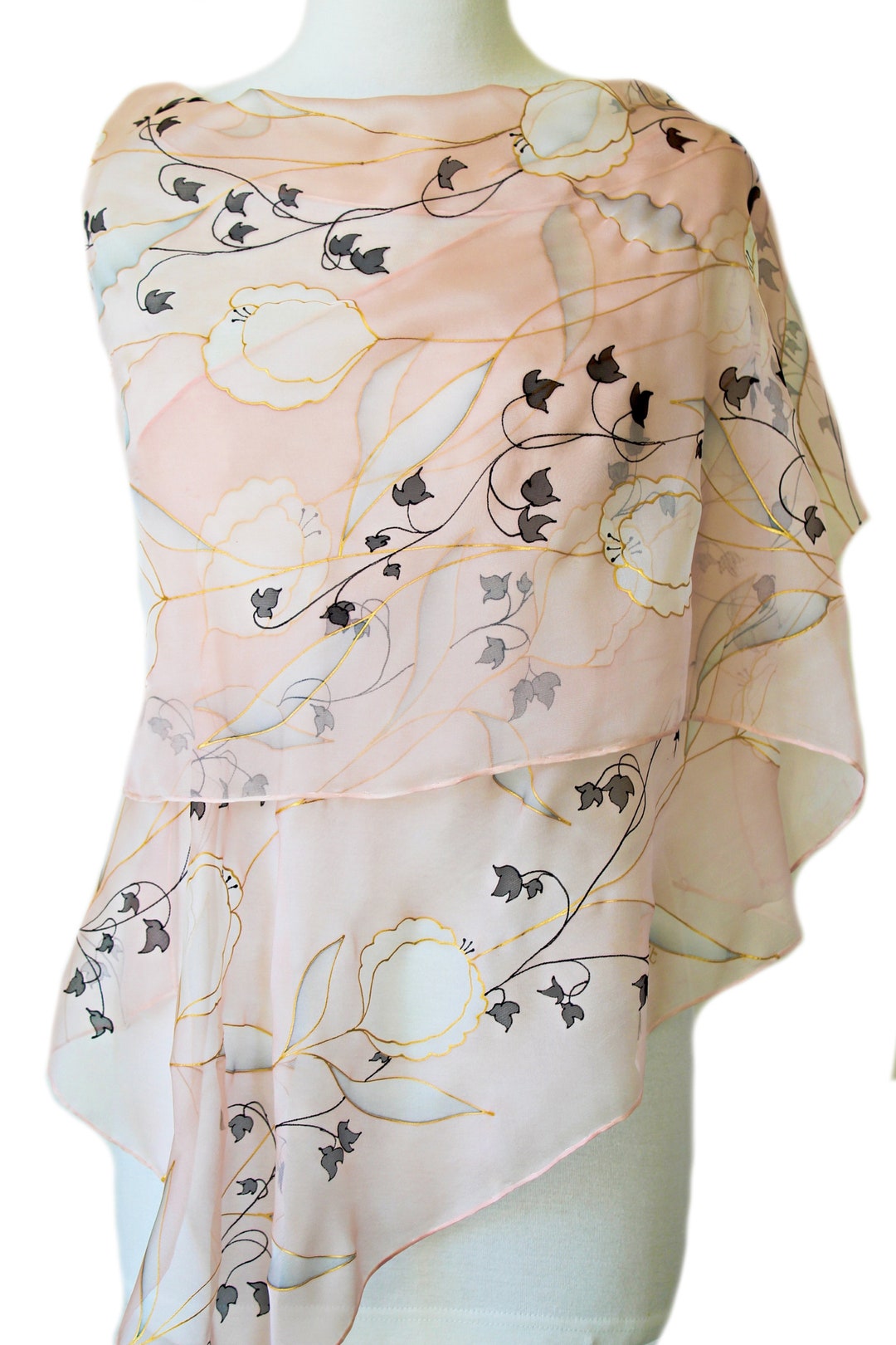 Blush Silk Scarf Long Handpainted - Rose Gold Chiffon Wrap - Dusty Pink ...