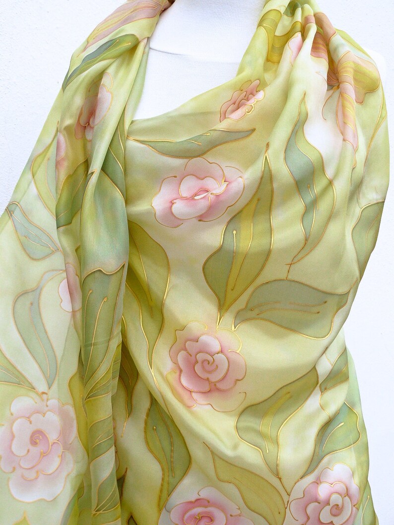 Long Floral Silk Scarf Hand Painted Green Light Pink Gold Silk Wrap ...