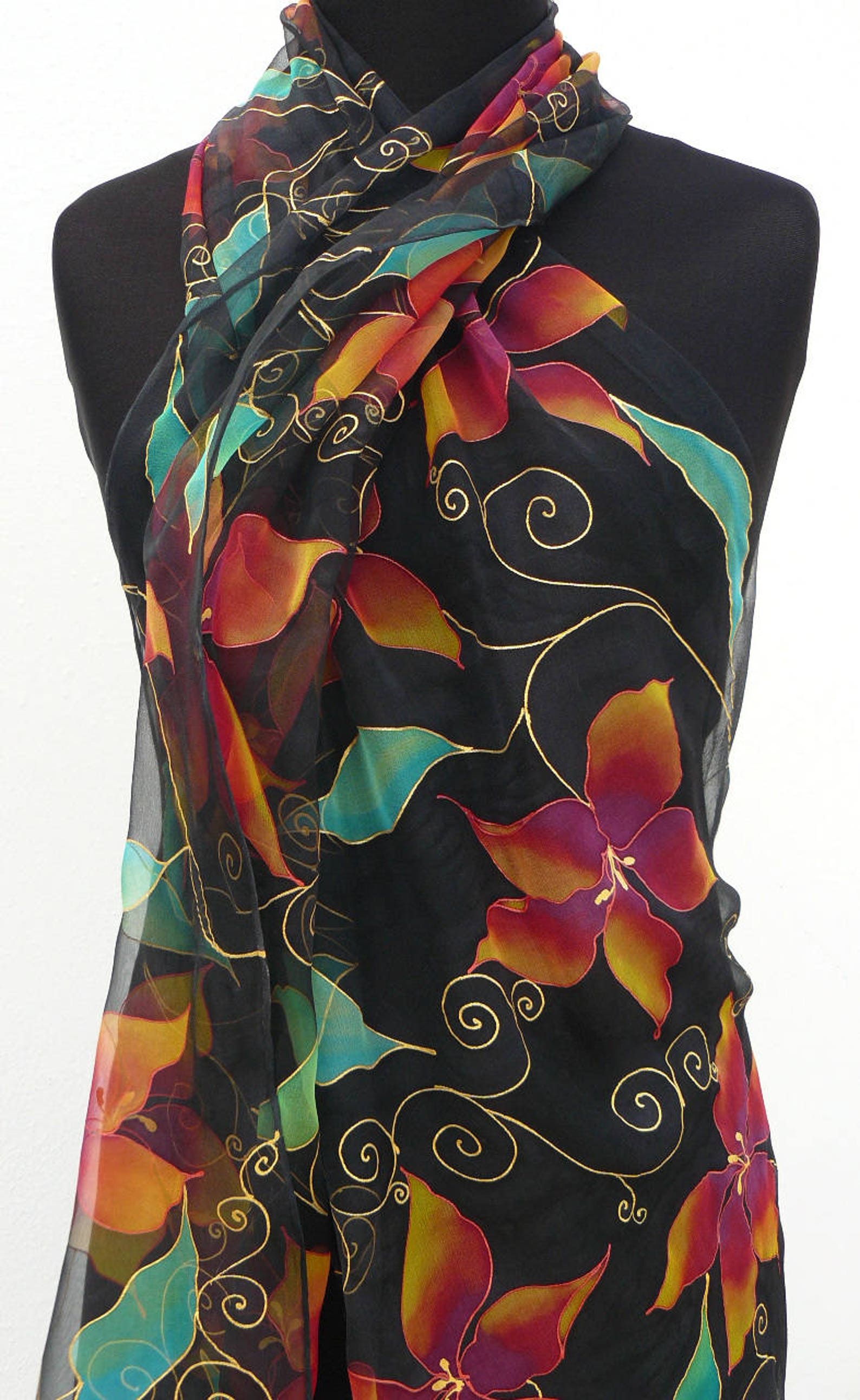 Hand Painted Silk Scarf - Sheer Chiffon Transparent Silk Wrap - Red ...