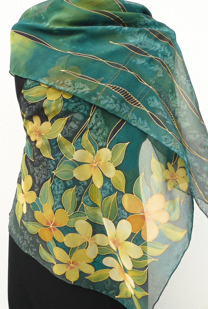 Dark Green Silk Scarf Chiffon Yellow Flowers Gold, Bottle Green Black ...